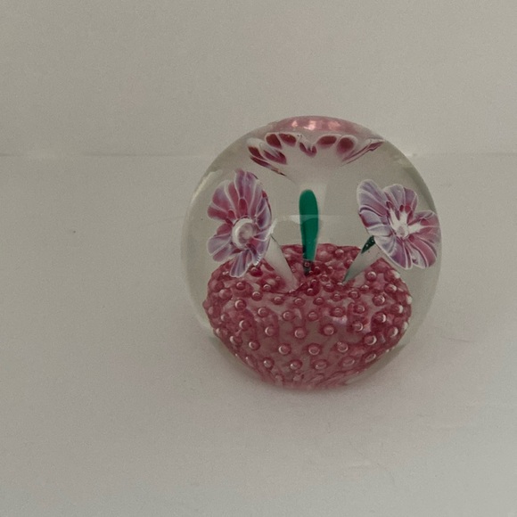 Other | Art Glass Paperweight 3x3 With Bubbles Pink Flowers | Poshmark
